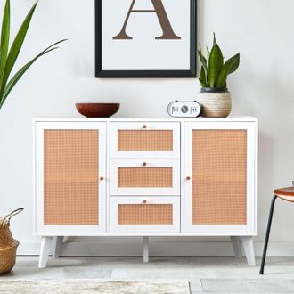 Menzzo Menzzo - Buffet 3 tiroirs et 2 portes avec cannage Dalgora L120cm Blanc