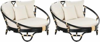 Beliani Sonneninsel 2er Set Schwarz Rattan mit Auflagen Beige Stoff Rund Boho Gartenmuschel Rattaninsel Loungem&ouml;bel Outdoor Garten Terrasse Ausstattung