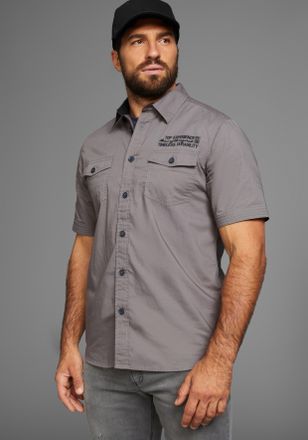 Man's World Kurzarmhemd MANS WORLD, Herren, Gr. 4XL (49/50), N-Gr, grau, Obermaterial: 100% Baumwolle, bestickt, comfort fit, Hemden, mit kontrastfarbener Sticker
