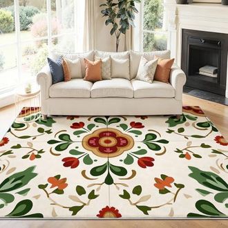 Generic Vert Tapis Salon Petit Tapis, 60 x 90 cm Paillasson Interieur Entree Antid&eacute;rapant, Traditionnel G&eacute;om&eacute;trique Carrelage Plante Fleur Decoration Maison G