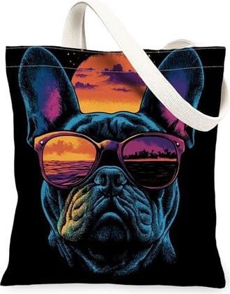 Generic Sac fourre-tout d&eacute;t&eacute; en toile avec bouledogue fran&ccedil;ais pour le shopping, 33 x 38 cm, sac d&eacute;picerie r&eacute;utilisable pour femme, motif animal de compagnie,