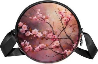 Generic Petit sac &agrave; bandouli&egrave;re rond pour femme, motif fleurs de cerisier avec fermeture &eacute;clair, bretelles r&eacute;glables, sac &agrave; main rond d&eacute;contract&eacute; pour femmes 