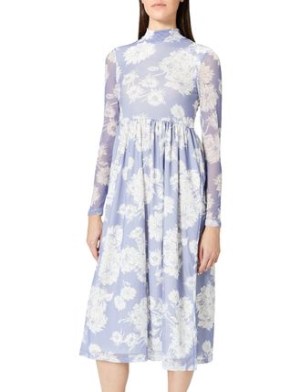 NA-KD Damen Recyceltes Ls Mesh Lässiges Kleid, Blauer Blumendruck, 32 EU