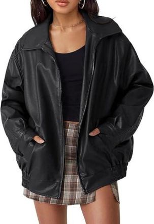 Onsoyours Veste En Cuir Femme Y2K Vintage À Manches Longues Pu Veste Moto Bomber Blousons Fermeture Éclair Blazer Jacket Chaud DéContractéE Biker Manteau Oversi