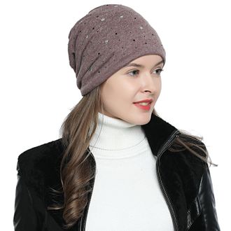 DonDon Mütze Damen Wintermütze Slouch Beanie gefüttert mit schwarzem Strass braun