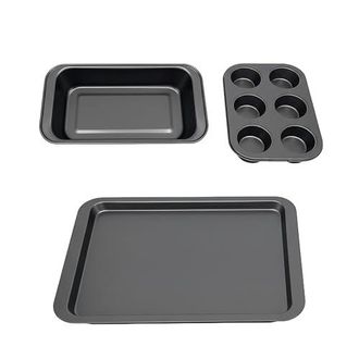 Relaxdays Backformen Set 3-TLG., Muffinblech, Kastenform, Bratform, antihaftbeschichtet, Carbonstahl, 230 &deg;C, dunkelgrau
