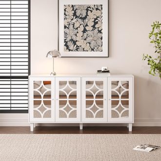 Generic LZPUOUI Sideboard Wei&szlig; Mit Spiegelt&uuml;ren 160 cm Vier T&uuml;ren MDF Stauraum K&uuml;chenschrank Mit Verstellbarem Einlegeboden Buffetschrank Anrichte Stauschrank