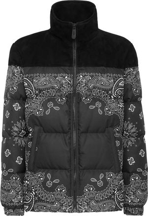 Philipp Plein Nylon- und Wildleder-Daunenjacke mit Paisley-Bandana-Muster - - Jackets - Herren - Schwarzk - 3XL