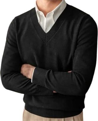 Generic Pull daffaires solide &agrave; manches longues et col en V pour homme - Pull tricot&eacute; d&eacute;contract&eacute; solide fin et polyvalent, Noir, S