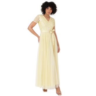 Maya Damen Maxi Dress for Women Ladies Bridesmaid V-Neck Ball Gown Short Sleeves Long Elegant Empire Waist Wedding Brautjungfernkleid, Zitronengelb, 46 EU