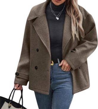 Generic Manteau court en laine m&eacute;lang&eacute;e &agrave; double boutonnage avec col &agrave; revers et poches pour femme, caf&eacute;, XXL