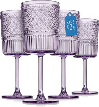 Godinger Weingl&auml;ser, Acryl-Weinglasbecher mit Stiel, Rotweingl&auml;ser, Kunststoff-Trinkgl&auml;ser, Vintage-Romantik-Dekor, transparent, 4er-Set (Lavendel)