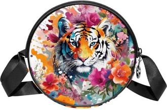 Generic Petit sac &agrave; bandouli&egrave;re rond pour femme, motif fleurs de tigre, sac &agrave; dos &agrave; bandouli&egrave;re r&eacute;glable avec fermeture &eacute;clair, sac &agrave; main rond d&eacute;contract&eacute; po