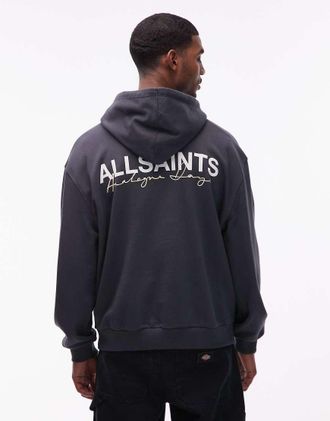AllSaints Kapuzenpullover in verwaschenem Schwarz mit Emblem-Logo und R&uuml;ckenprint