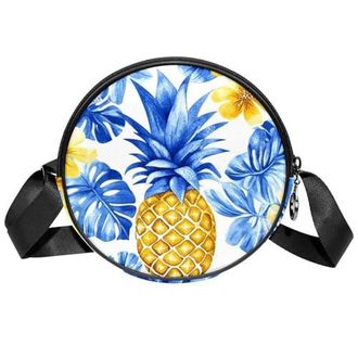 Generic Sac &agrave; bandouli&egrave;re rond pour femme, motif fleurs dananas avec fermeture &eacute;clair, bretelles r&eacute;glables, sac &agrave; main rond d&eacute;contract&eacute; pour femmes et filles