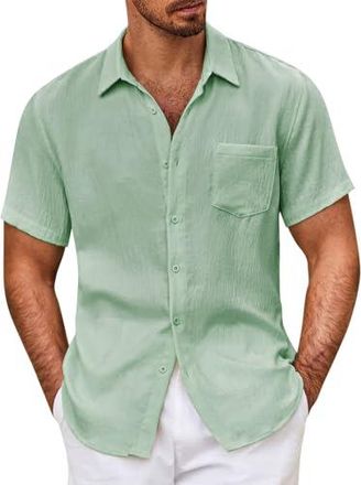 Generic Chemise en lin et coton pour homme - Manches courtes - Coupe droite - Chemise en coton &agrave; manches courtes - L&eacute;g&egrave;re - Pour l&eacute;t&eacute; - Chemise de plage basiq