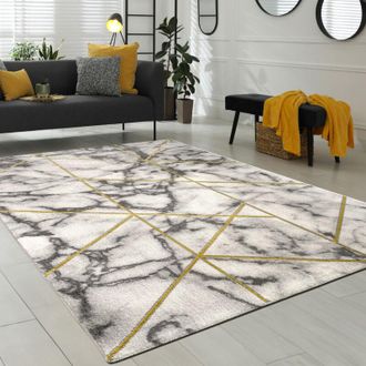 Paco Home Paco Home - Wohnzimmer-Teppiche Grau Gold Weich Marmor Optik Kurzflor mit vers. Designs 160 cm Rund, Gold 4