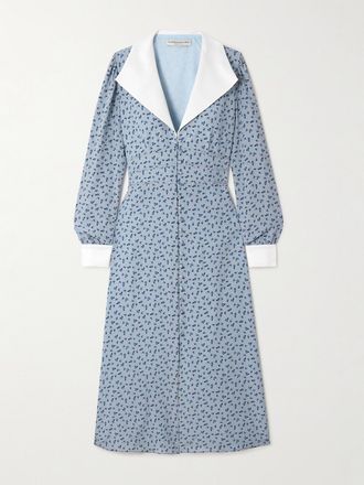 Alessandra Rich Midi-hemdblusenkleid Aus Cr&ecirc;pe De Chine Aus Seide Mit Blumenprint Und Mikadobes&auml;tzen - Blau