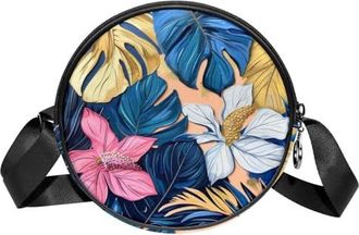 Generic Petit sac &agrave; bandouli&egrave;re circulaire pour femme, motif feuilles de jungle, sac &agrave; dos avec fermeture &eacute;clair, bretelles r&eacute;glables, sac &agrave; main rond d&eacute;contr