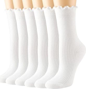 Dreshow 6 Paires Chaussettes &agrave; Volant Femme - Chaussettes de Cheville D&eacute;contract&eacute;es en Coton Tricot&eacute;es Respirantes