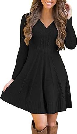 ORANDESIGNE Robe Pull Courte Femme Automne Hiver Robe Tricotée Col Rond Manches Longues Tresser A-Ligne Élégante B Noir XL