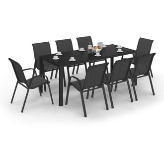 IDMarket Salon de jardin MADRID table 190 CM et 8 chaises empilables noires