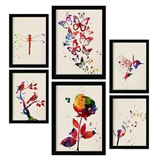 Nacnic Nature Affiches. Illustrations de Style Aquarelle de Plantes, Fleurs, Papillons et Oiseaux. Design dint&eacute;rieur et d&eacute;coration. A4 & A3