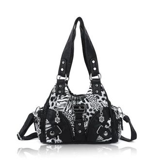 Angel Kiss Petit sac &agrave; bandouli&egrave;re pour femme en cuir v&eacute;g&eacute;talien avec plusieurs poches et fermeture &eacute;clair, L&eacute;opard noir