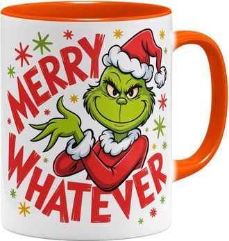 OM3 lustige Merry Whatever Christmas Kaffee-Tasse mit Spruch - freche Weihnachtstasse Weihnachten - Keramik Becher - 325ml - Beidseitig Bedruckt - Orange
