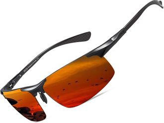 Duco Herren Polarisierte Sonnenbrille mit Metallrahmen und Kohlefaser Brille Beine UV400 CAT 3 8277 (Schwarz,Rot verspiegelt)