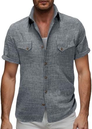 Generic Chemise boutonn&eacute;e en coton et lin pour homme - Manches courtes - Col &agrave; revers - Coupe ample - Doux - Extensible - Pour la plage hawa&iuml;enne - Pour le pr