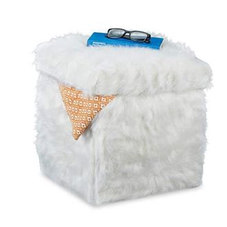 Relaxdays Sitzw&uuml;rfel Fell, Faltbar, Gepolstert, Pl&uuml;sch, Hocker mit Stauraum, 40 L, Sitzbox HxBxT: 39 x 38 x 38 cm, wei&szlig;