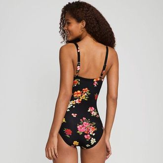 Lands End Gemusterter Badeanzug FIGURFORMER mit hohem Beinausschnitt, Damen, Größe:42 regular, Schwarz, Nylon-Mischung, by Lands End