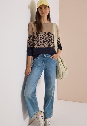 Cecil Strickpullover CECIL, Damen, Gr. XXL (46), beige (urban dunkelblau), Stoff, 52% Viskose, 28% Polyester, 20% Nylon, gemustert, comfort fit normal, Rund