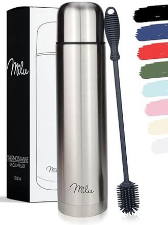 Milu Bouteille isotherme en acier inoxydable - 1L, 750ml, 500ml - Thermo Double Paroi, Sans BPA, Transport Café, Thé, Eau.(Argent, 1000 ml)