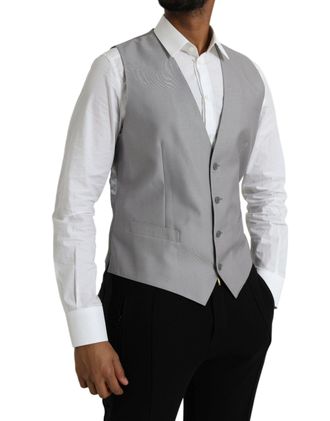 Dolce & Gabbana Mens Light Gray Wool Formal Dress Waistcoat Vest Virgin Silk