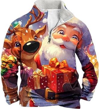 Generic Pull de Noël pour homme avec imprimé Père Noël amusant et fermeture éclair quart de long, col doublé en polaire, imprimé graphique de Noël, sweatshirt