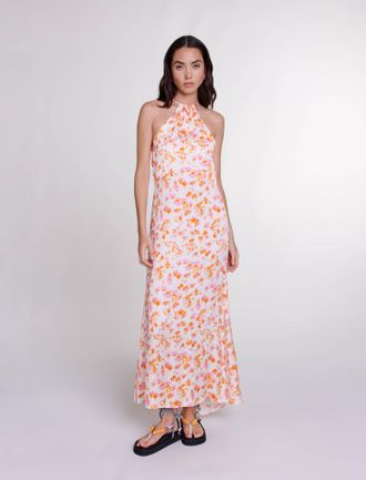 Maje Robe Longue Fleurie Et Satin&eacute;e - Orange - Taille 34 - Maje