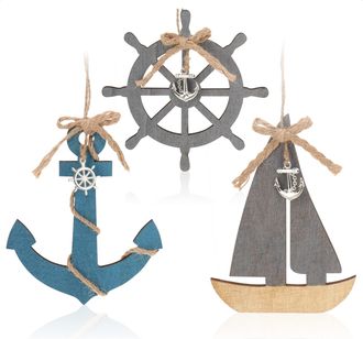 Com-Four 3X Hängedeko mit Boot, Steuerrad und Anker aus Holz - Schifffahrt Deko zum Aufhängen - Maritime Hängedeko für zu Hause