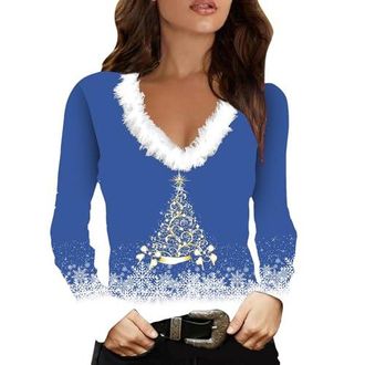 Generic Chemises de Noël pour femme avec bordure en fausse fourrure et col en V - T-shirt imprimé de Noël amusant à manches longues sans capuche - Chemisier f