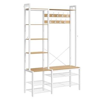 Vasagle Porte-Manteau, Meuble dEntrée, avec Porte-Chaussures, 5 Étagères de Rangement, 9 Patères et 6 Crochets Latéraux, 40 x 120 x 190 cm, Doré Chêne et Blan