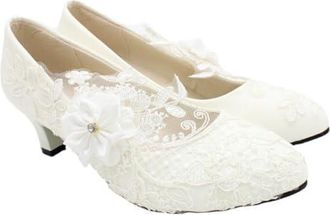 BESPORTBLE Chaussures de Mariage pour Femmes &agrave; Talons Carr&eacute;s 5 CM en Dentelle Blanche L&eacute;g&egrave;res et Solide Style Romantique &agrave; Lacets pour Soir&eacute;e Banquet et C&eacute;r&eacute;moni