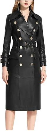 Generic Trench-coat en cuir pour femme - Manteau dhiver long &agrave; double boutonnage ceintur&eacute; mi-long en peau de mouton, Noir, M