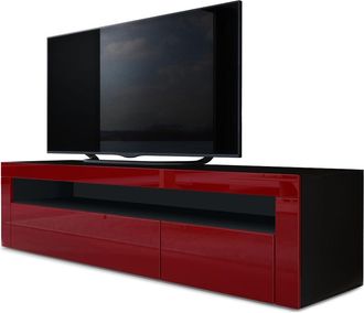 Vladon Lowboard Valencia, Made in Germany, TV-Kommode mit 1 offenem Fach und 2 Klappen, Schwarz matt/Bordeaux Hochglanz (155 x 46 x 40 cm)