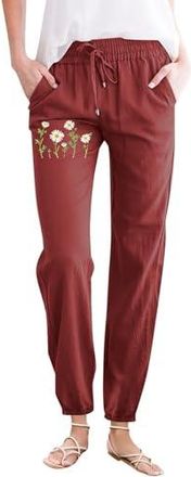 Generic Pantalon en coton et lin pour femme - Jambe large - Pantalon de plage d&eacute;t&eacute; pour femme - Confortable - Pantalon de yoga Palazzo XIYU26033, rouge brique