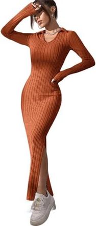 Generic Robe pull moulante mi-longue &agrave; manches longues en tricot torsad&eacute; c&ocirc;tel&eacute; col en V pour femme, Orange, XXL