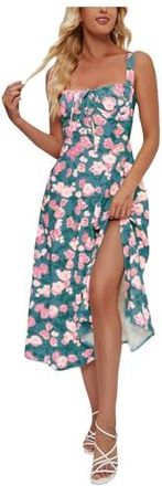 Generic Robes amincissantes d&eacute;t&eacute; 2026 pour femmes, imprim&eacute; floral, coupe ajust&eacute;e, col carr&eacute;, ourlet fendu, robe boh&egrave;me l&eacute;g&egrave;re, noir fonc&eacute;, XL