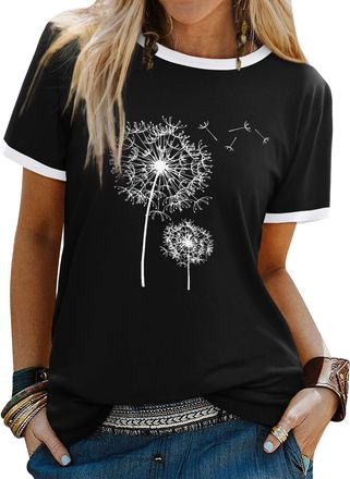Dresswel Damen Pusteblume T-Shirt Retro L&ouml;wenzahn Druck Rundhals Kurzarm Tee Shirts Sommer Tops Oberteile f&uuml;r Frauen(4-Schwarz,XL)