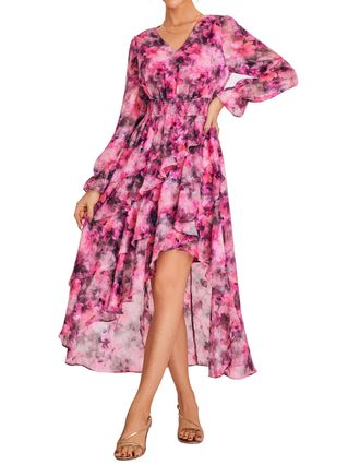 Grace Karin Damen Kleider A-Linien Langarm Blumenkleid V-Ausschnitt Sommerkleid Damen Leicht und Luftig Kleider f&uuml;r Hochzeitsg&auml;ste Rose-rote Blume L