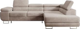 Selsey STEVIL - Ecksofa L-Sofa mit Schlaffunktion, Bettkasten, Ottomane rechts, Cordbezug Dunkelbeige